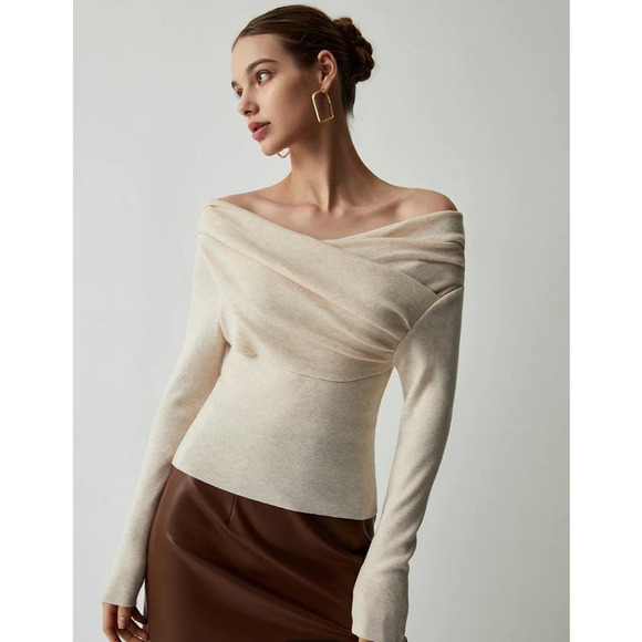 Commense | Sweaters | Commense Apricot Off The Shoulder Wrap Long ...